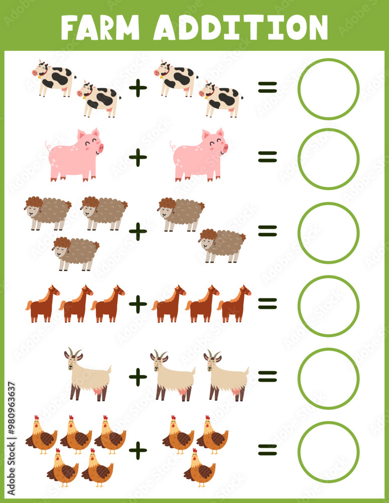 Farm animals addition worksheet for kids. Math activity page with cute ...