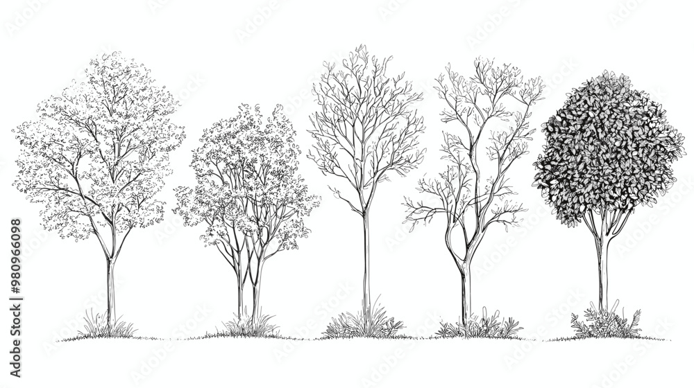 Architectural Drawings, Minimal style cad tree line drawing, Side view, set of graphics trees ...