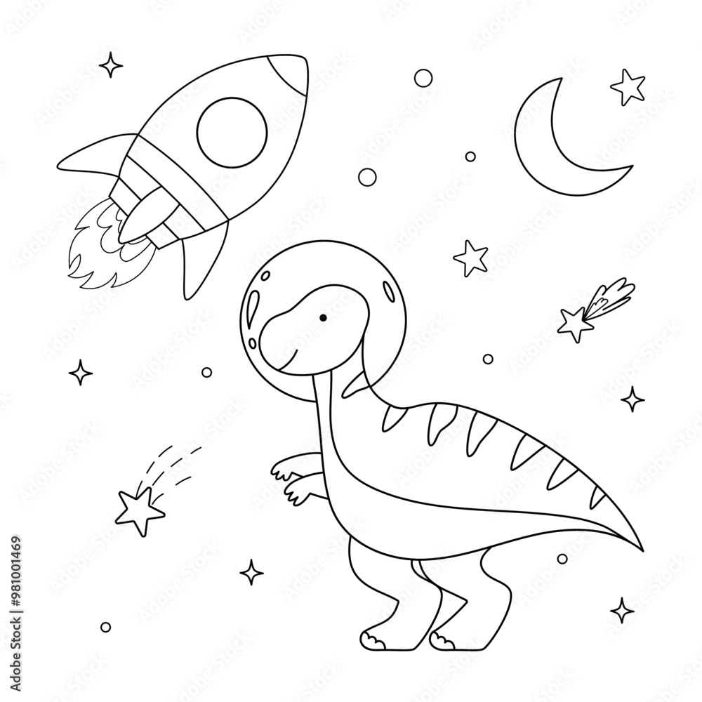 Coloring page for kids. Cute dinosaur in space, outline. Funny dino in ...