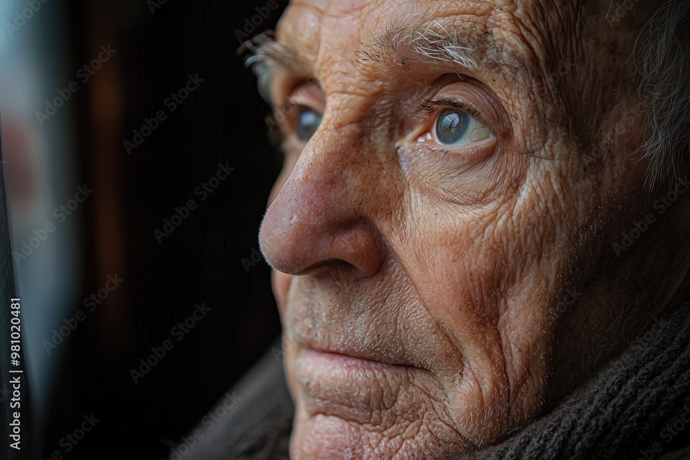 An elderly man looks into the distance. Sad and sorrowful eyes. Stock ...