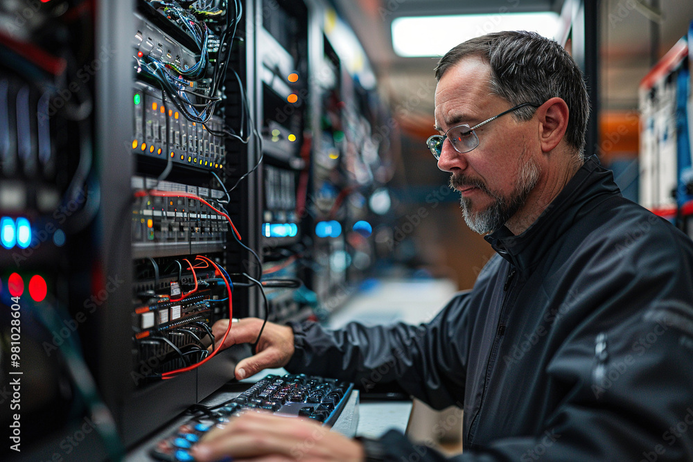 A setup engineer works at a keyboard in a server room with lots of ...