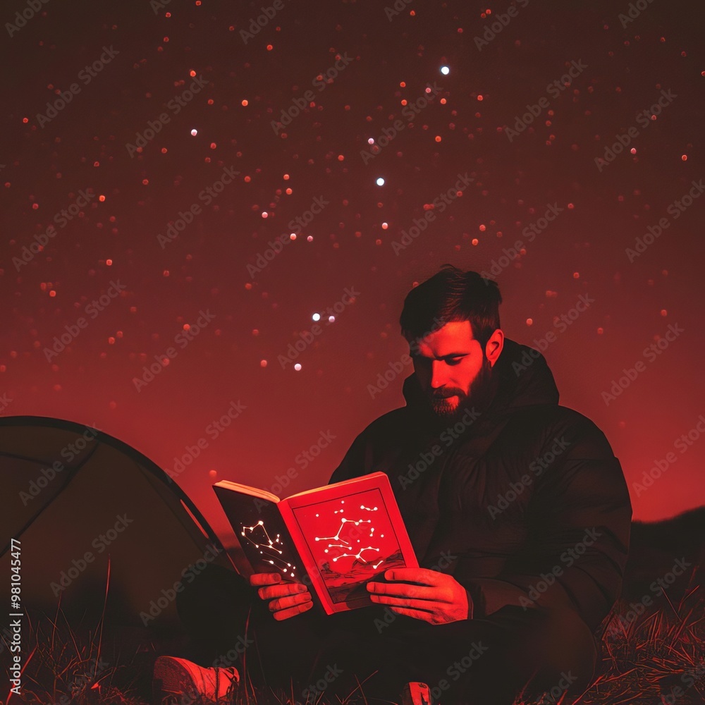 Camper reading a stargazing guidebook under a dim red light ...