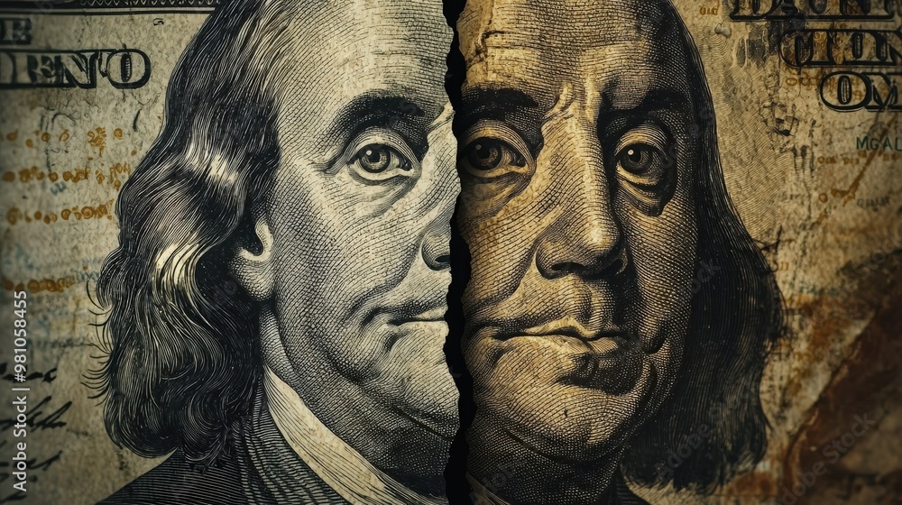 The artwork features a split image of Benjamin Franklin's face on a one ...