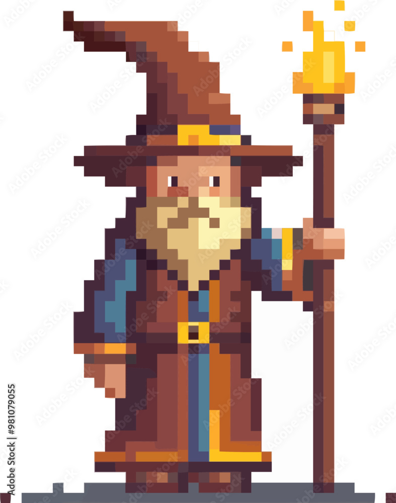 Pixelated wizard icon pixel art on white isolated background, vector ...