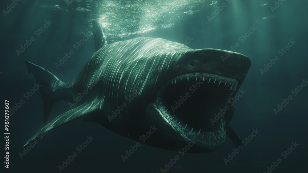 A massive basking shark swimming with its mouth wide open, filtering ...