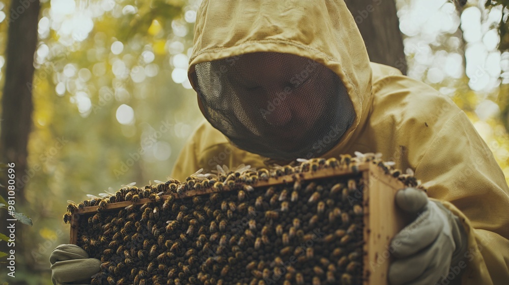 beehive inspection by a man in a protective bee suit in a rural apiary ...