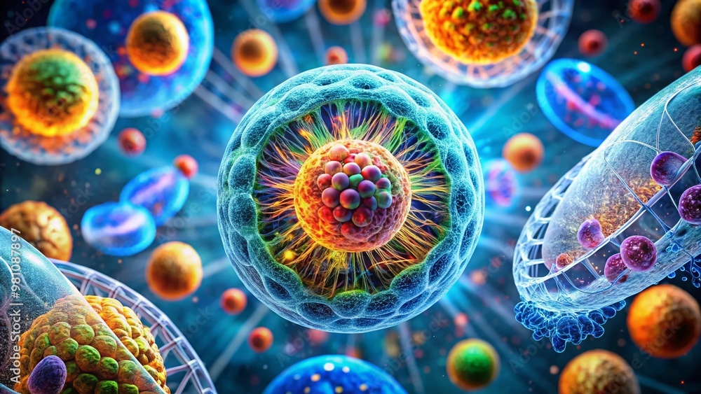 Vibrant microscopic image of prophase in a cell, showcasing chromatin ...