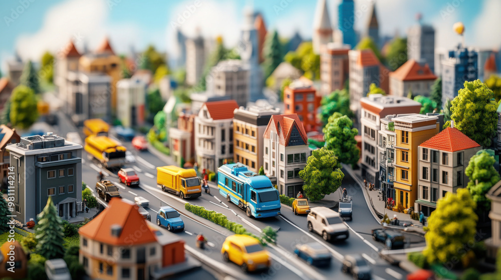 A detailed miniature city model featuring vehicles, buildings, and ...