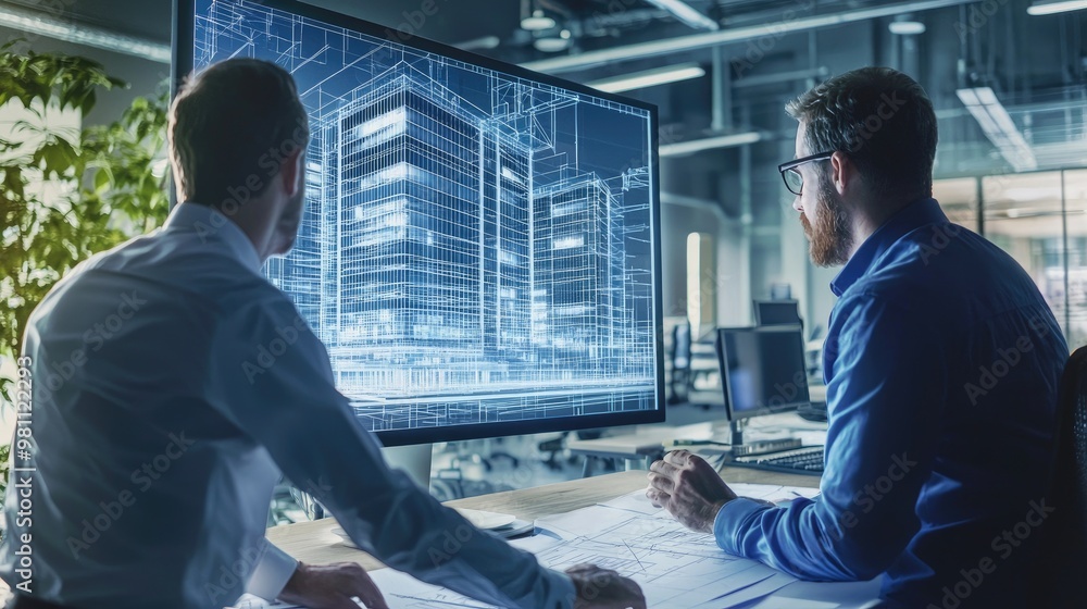 An architect and consultant working together, with blueprints and a ...