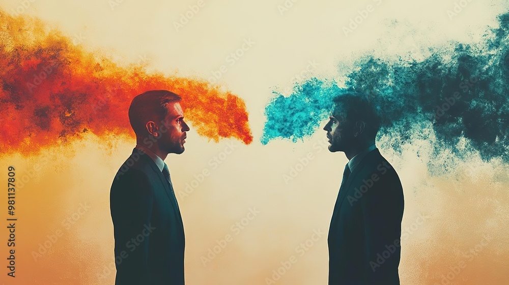 Two men face each other, with vibrant colored smoke demonstrating a ...