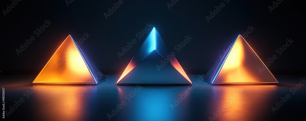 Three illuminated pyramids in striking colors cast a futuristic glow ...