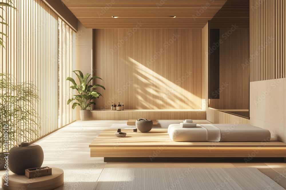 Modern Japandi spa design, combining natural materials like wood, stone ...
