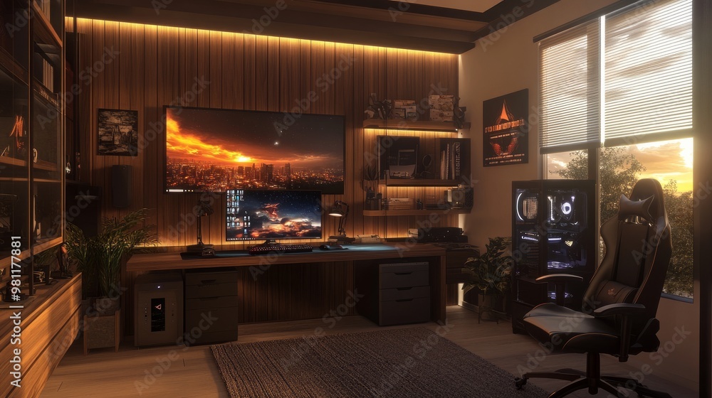 Cozy gaming room with wooden accents, mood lighting, and a powerful ...