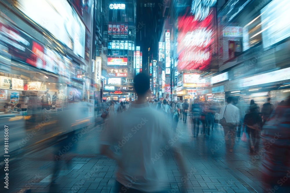 A person in a crowded shopping district, bombarded by advertisements ...