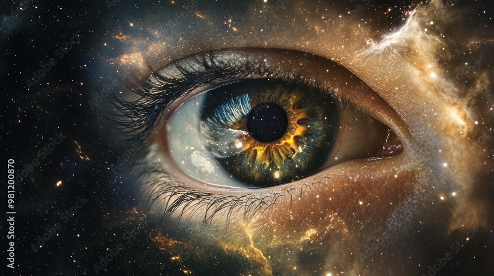 Open eye floating in space with a starry backdrop symbolizing ...