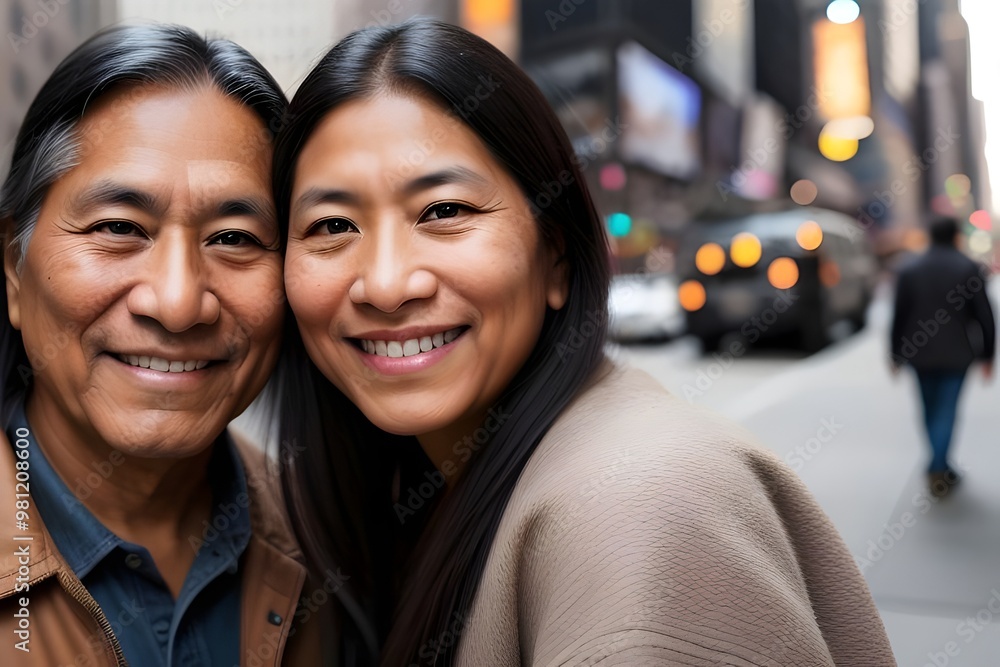 happy native american married couple in love on a new york sidewalk ...