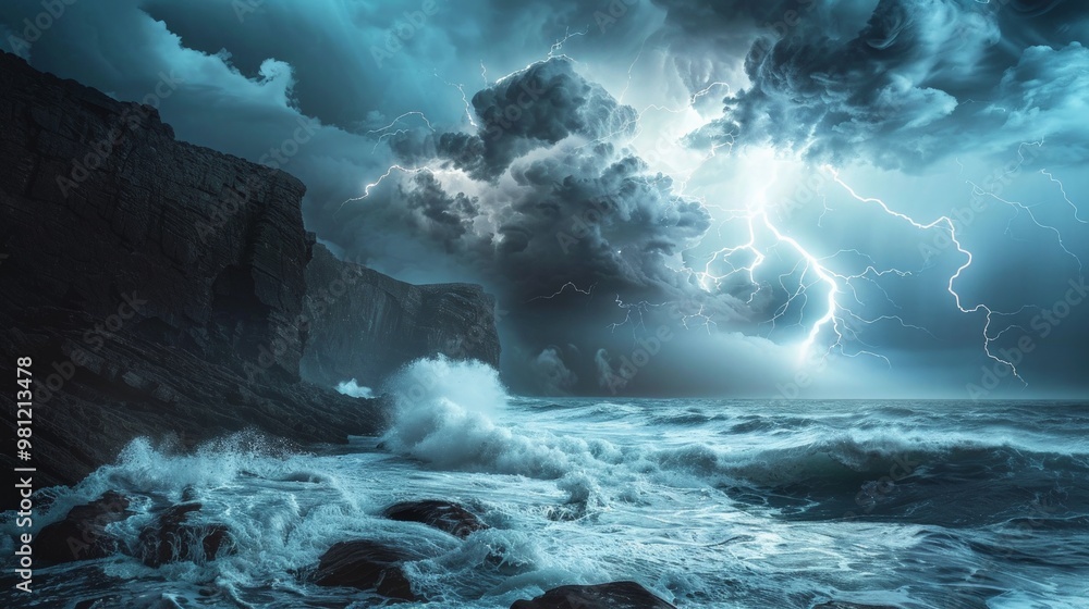 Massive lightning storm over a coastal cliffside, with waves crashing ...