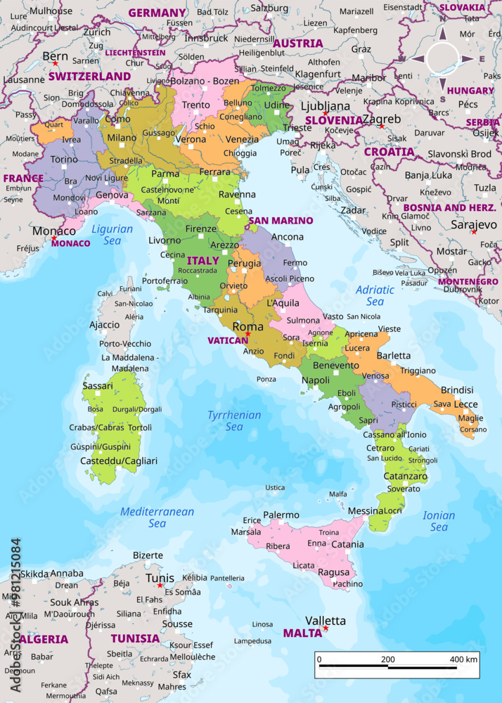 Italy political map with capital , cities, towns, national borders ...