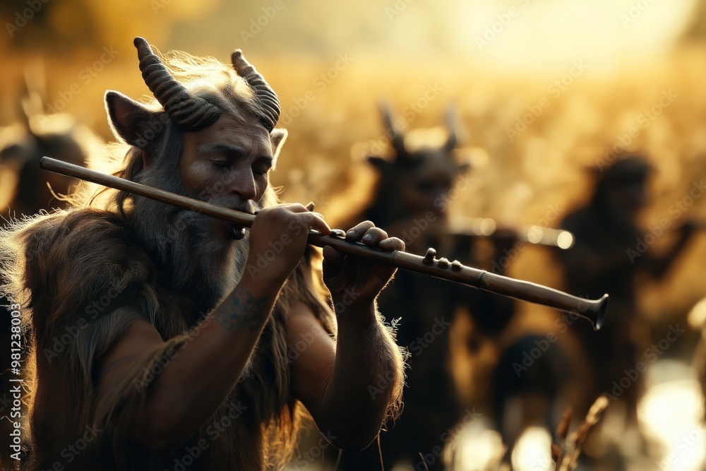 Pan, the Greek god of the wild, is depicted playing the flute amidst a ...