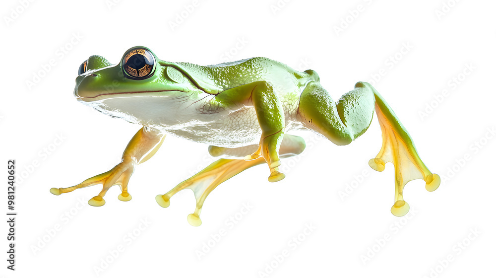Green Frog Leaping in Mid-Air With Wide Open Eyes,on white background ...