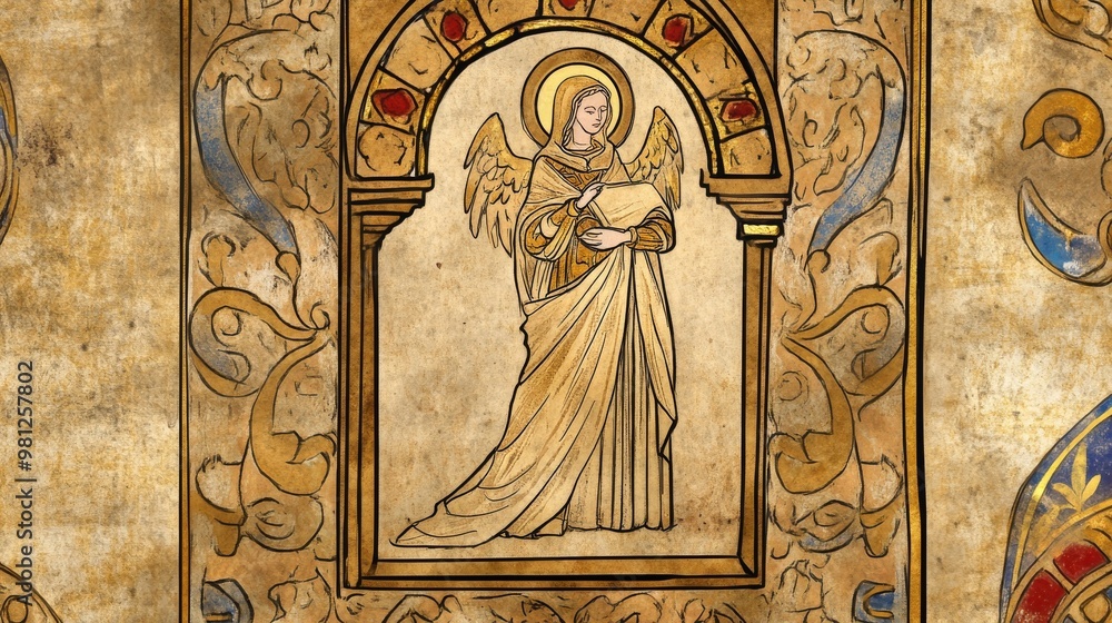 Fresco antiguo de un ángel dorado en una pared medieval, rodeado de ...
