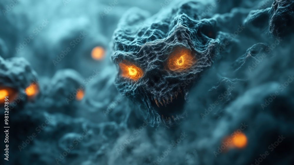 Eerie image depicting a monstrous face with glowing orange eyes and ...