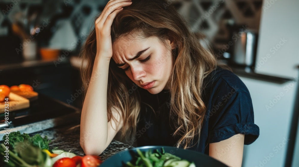 A young woman sits at a kitchen counter, looking frustrated as she ...