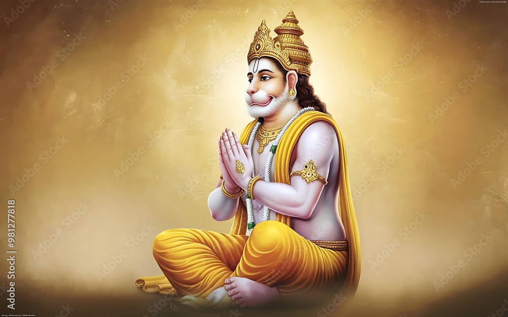 A detailed illustration of the Hindu deity Hanuman sitting in a ...