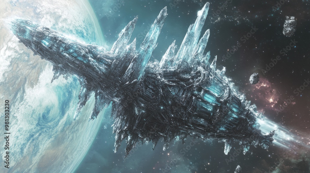 A gigantic alien spaceship covered in crystalline structures, slowly ...