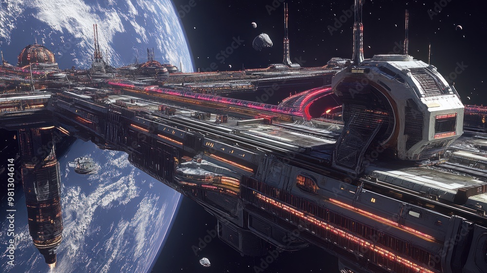 A massive space station orbiting a distant planet, with interconnected modules connected by ...
