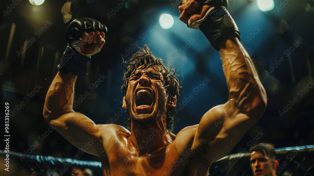 An MMA UFC Fighter who is screaming because he just won the fight of ...