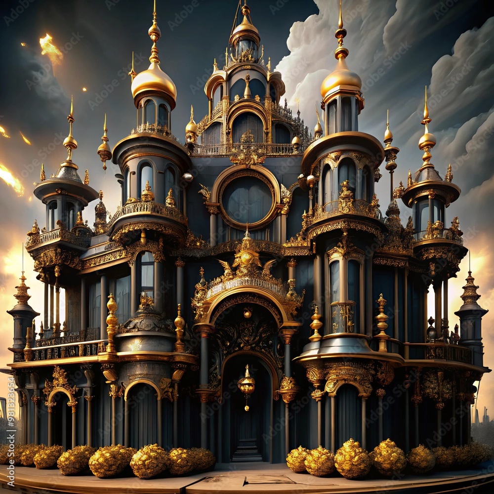 Eldritch rococo architecture using a black and gold color scheme with ...