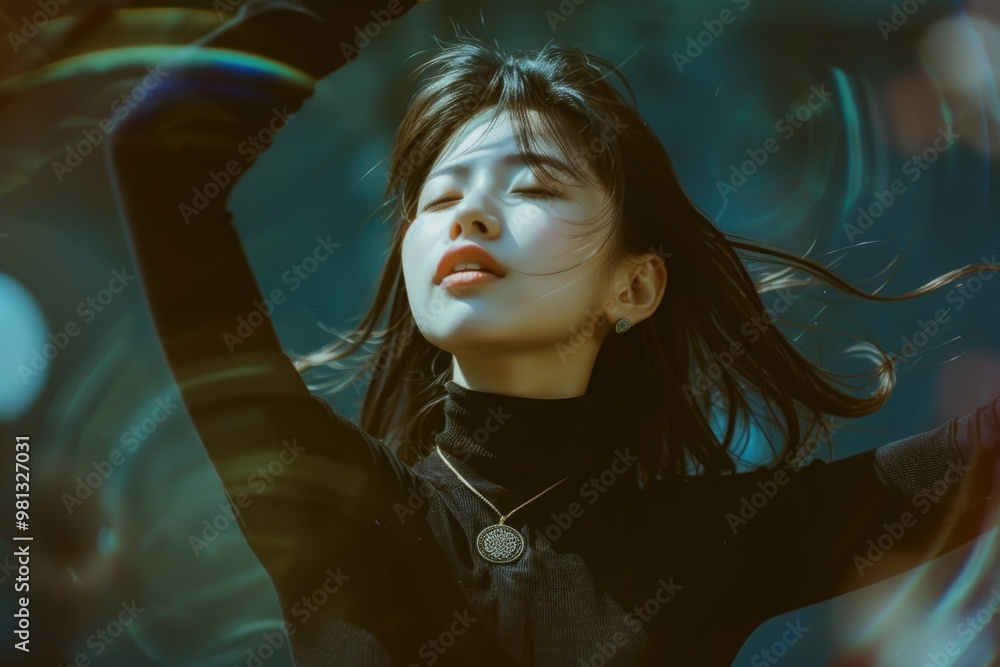 asian. closed eyes. woman. creative, dance, mantra, yoga. dancing ...