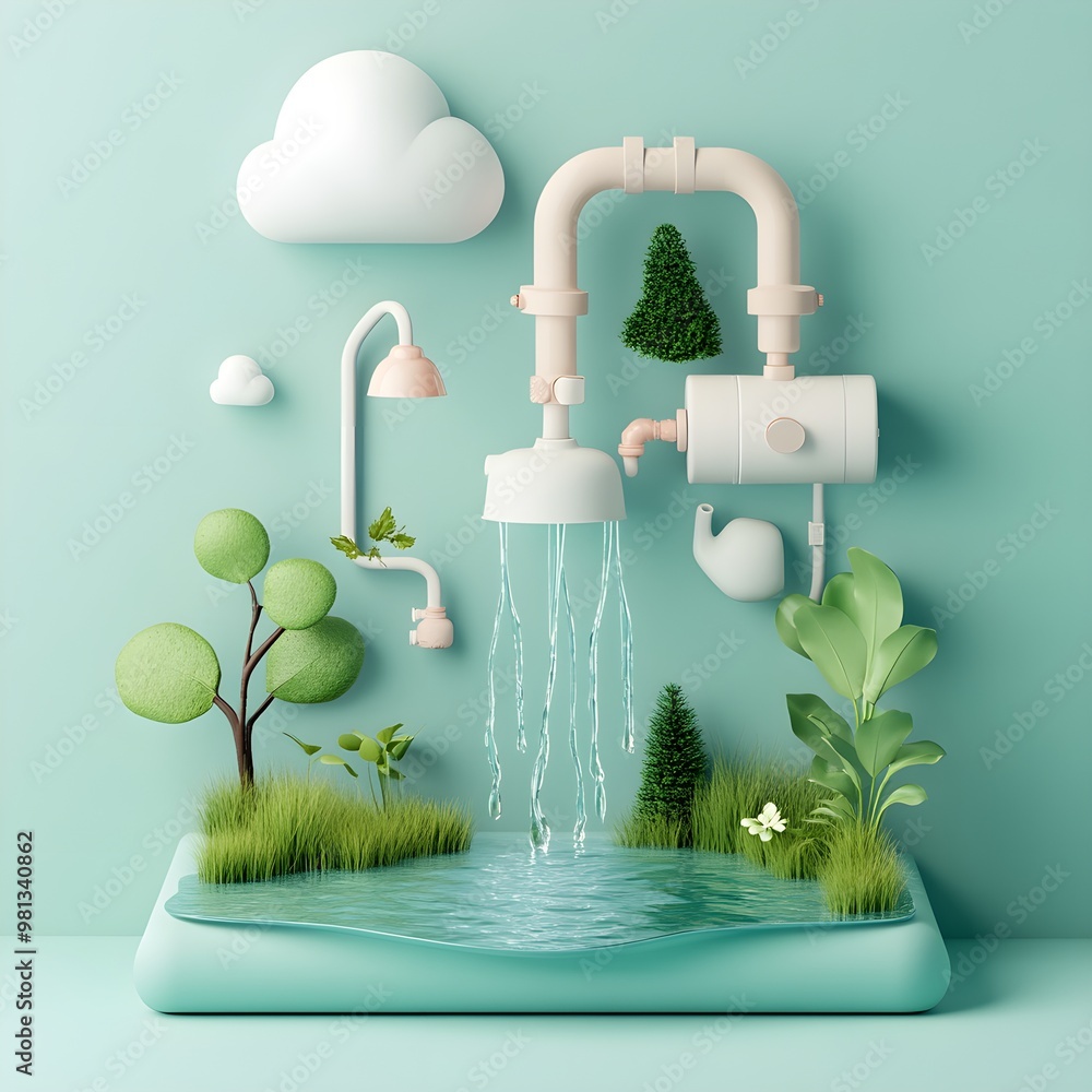 Water conservation techniques, flat design, front view, environmental ...