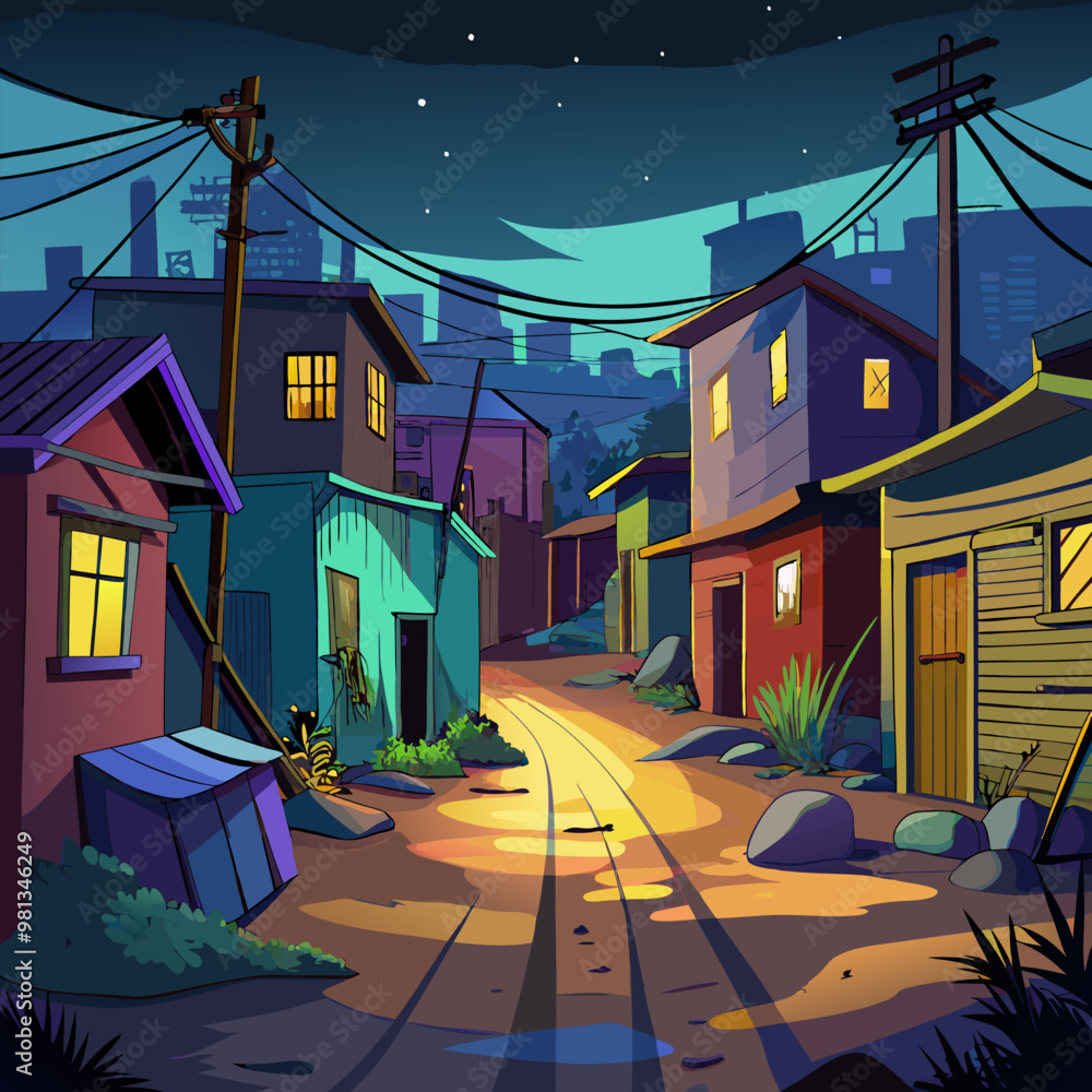 Night ghetto street district with poor house vector neighborhood ...