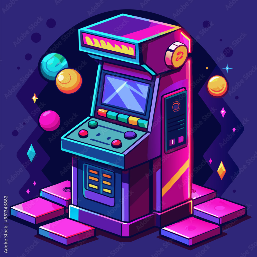 Retro arcade video game machine with neon lights and glowing screen ...