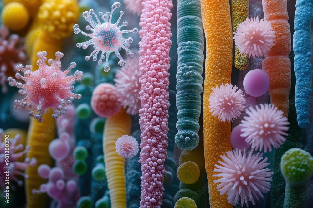 A close-up image of various colorful microorganisms exhibiting unique ...