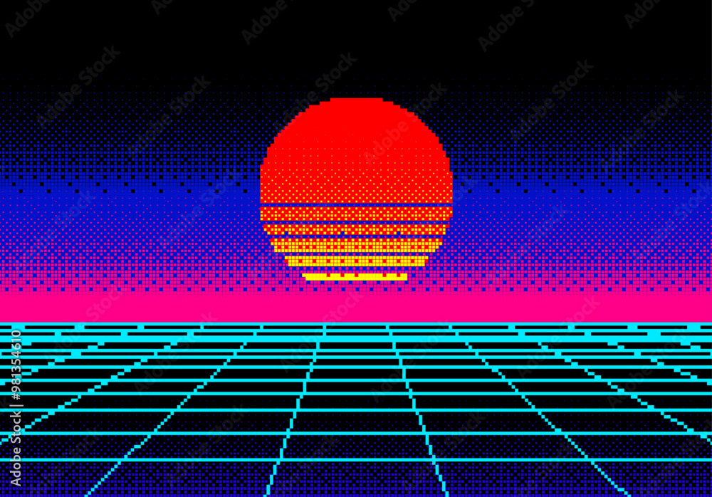 Landscape with pixel sun and wireframe grid of 80s styled retro ...