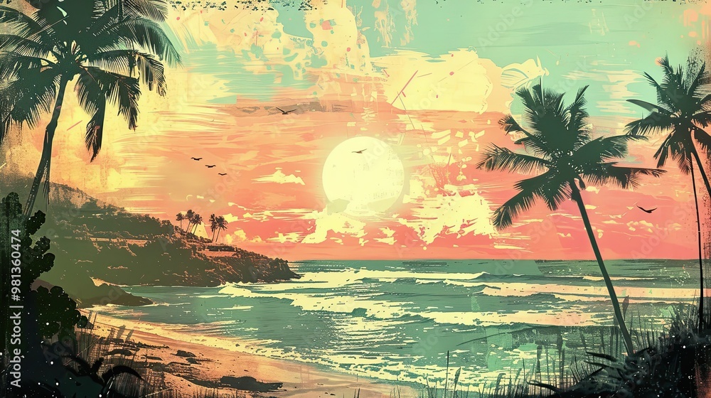 Nostalgic beach scene with vintage aesthetics muted colors and retro ...