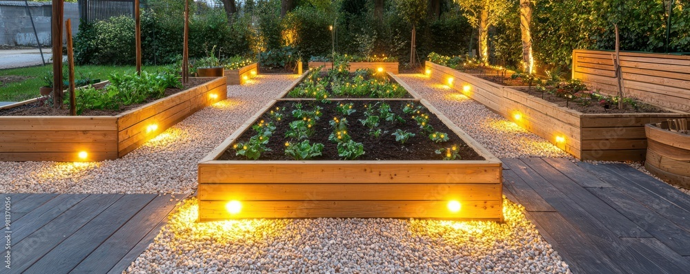 A beautifully illuminated garden showcasing raised beds filled with ...