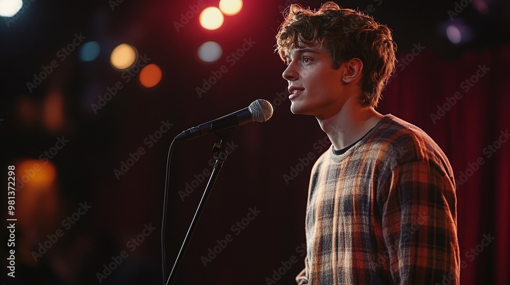 young caucasian male stand-up performer on stage at a small comedy ...