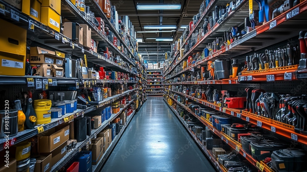 An aisle in a hardware store displays neatly organized industrial tools ...