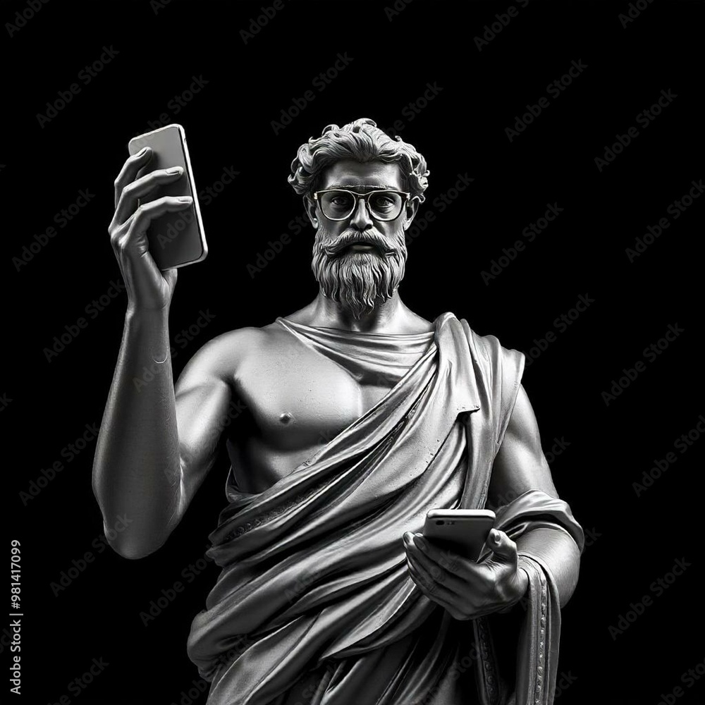 silver metal Greek sculpture with a gadget in her hand. Stock ...