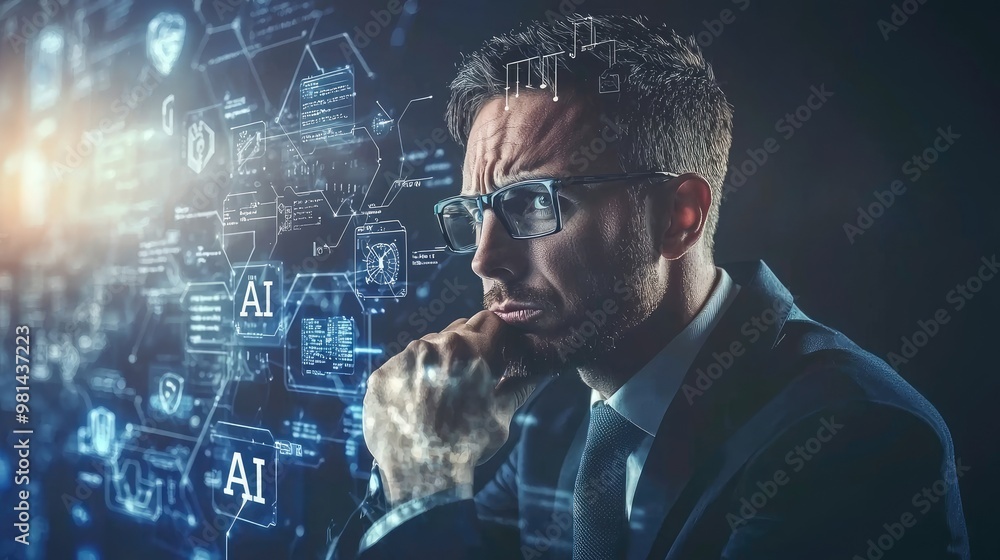 business man worried thinking about technology and AI, images of ...