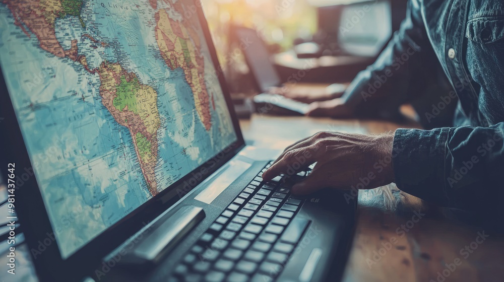 Businessman use computer keyboard to search for address on world map ...