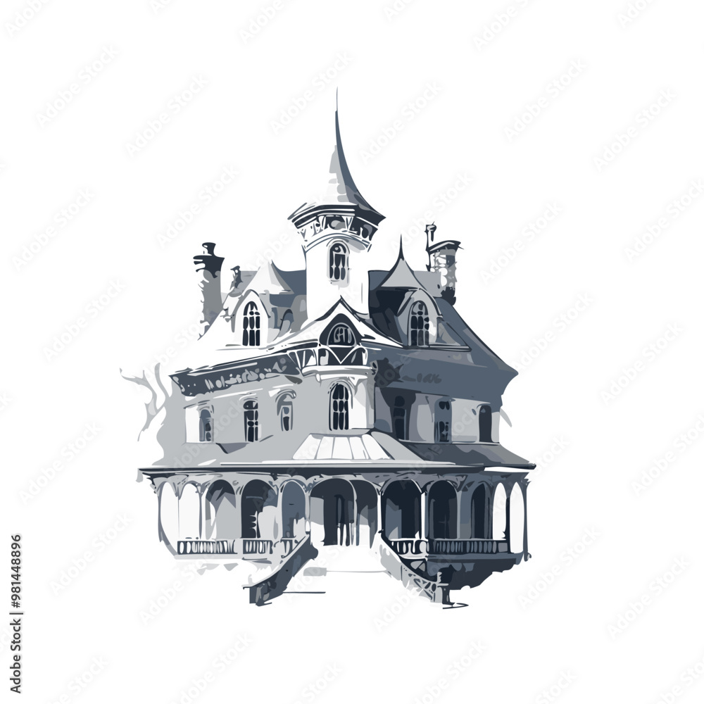 Haunted house sketch design. Spooky haunted mansion pen sketch vector ...