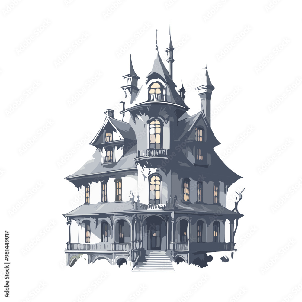 Haunted house sketch design. Spooky haunted mansion pen sketch vector ...