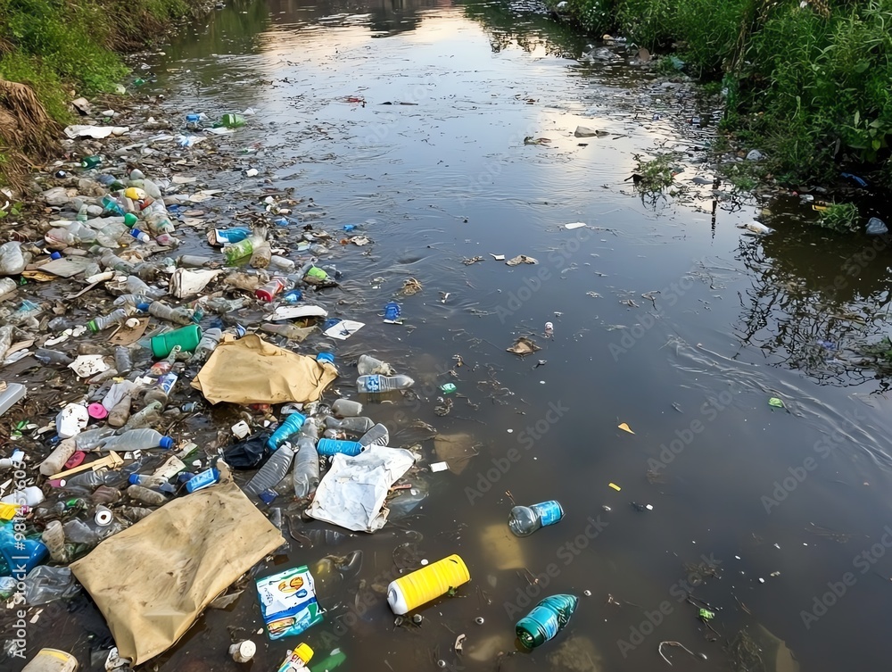 Polluted river with plastic waste and trash floating, highlighting ...