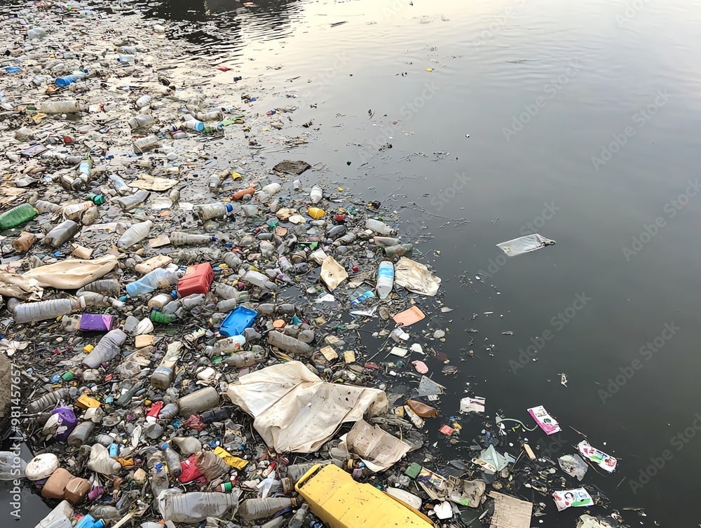 Plastic and general waste polluting a water body, highlighting severe ...