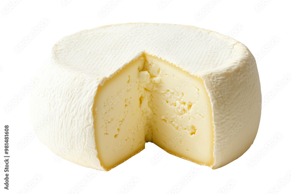 Soft cheese wheel with a wedge cut out. Brined curd isolated on white ...